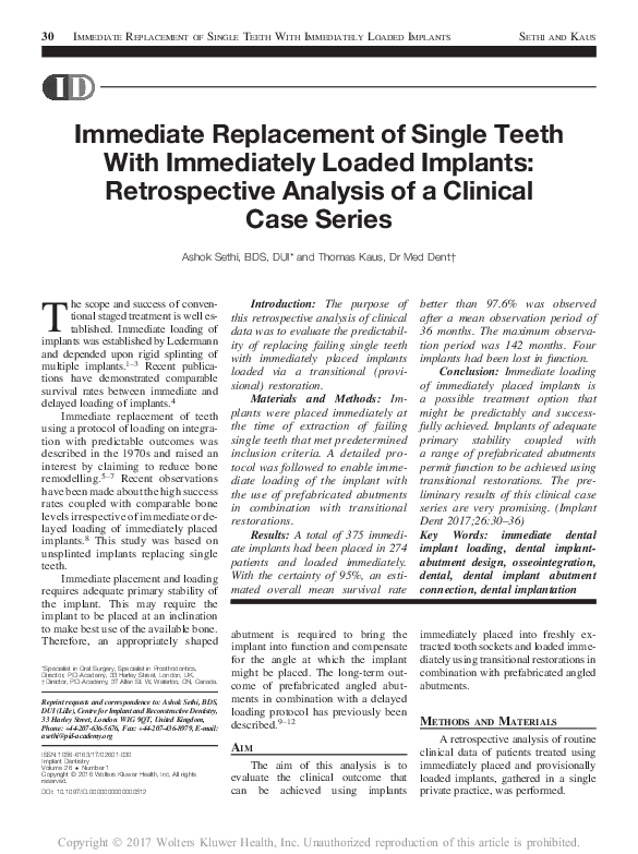 (PDF) Immediate Replacement of Single Teeth With Immediately Loaded Implants: Retrospective ...