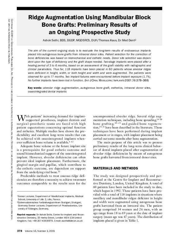 (PDF) Ridge augmentation using mandibular block bone grafts ...