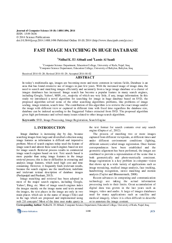 (PDF) Fast Image Matching in Huge Database