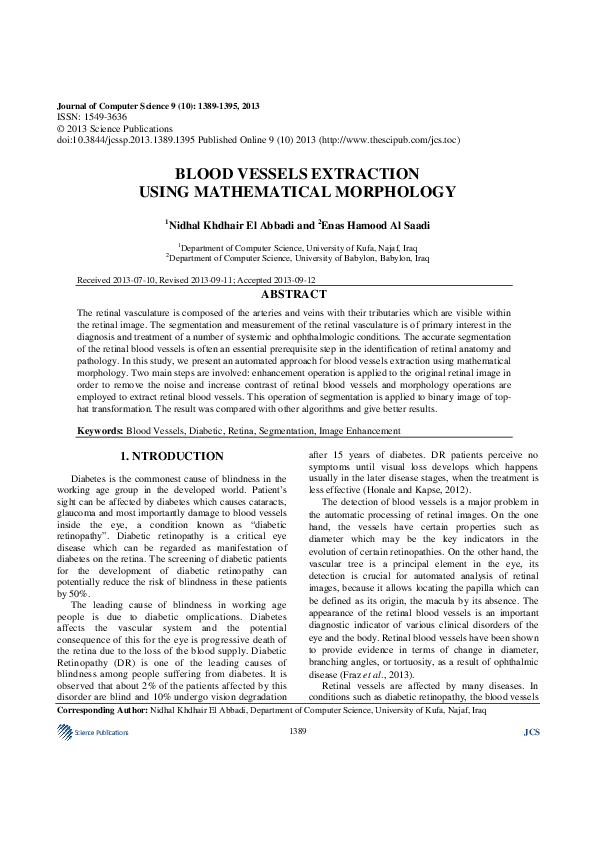 (PDF) Blood Vessels Extraction Using Mathematical Morphology | Nidhal ...