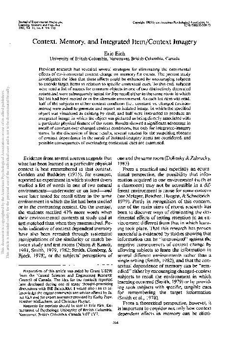 (PDF) Impact of Context on Memory Recall and Imagery