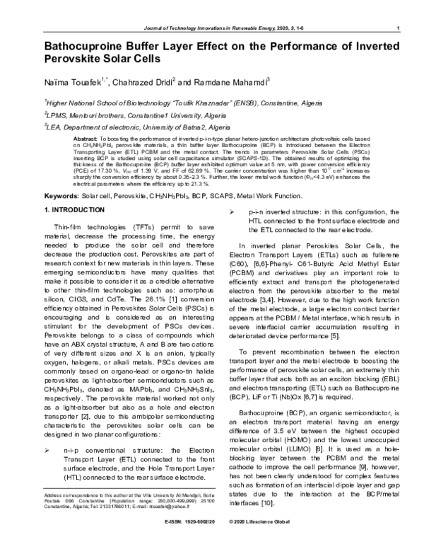 Pdf Bathocuproine Buffer Layer Effect On The Performance Of Inverted