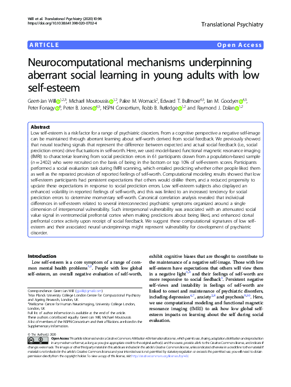 (PDF) Neurocomputational mechanisms underpinning aberrant social learning in young adults with ...