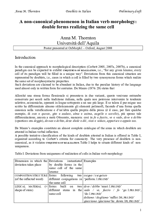 (PDF) A non-canonical phenomenon in Italian verb morphology: double ...