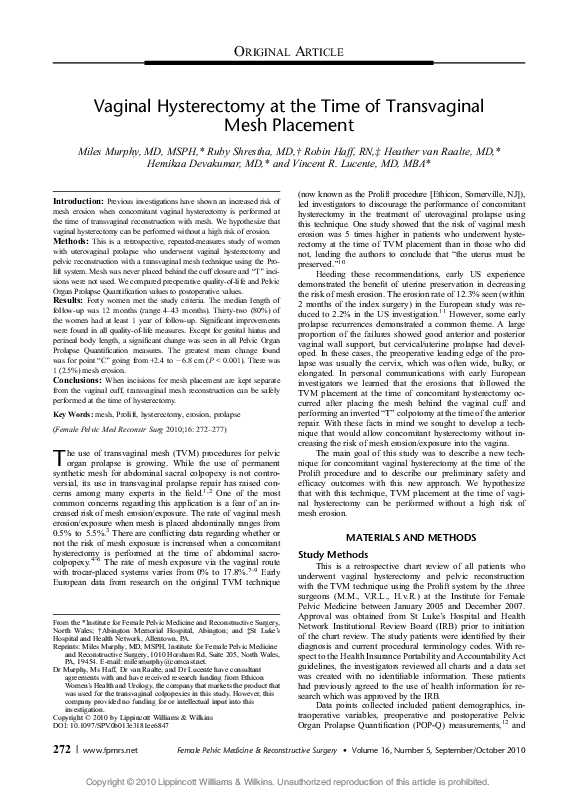 (PDF) Vaginal Hysterectomy at the Time of Transvaginal Mesh Placement