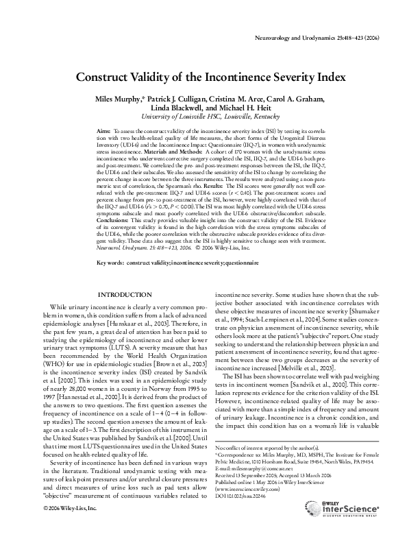 (PDF) Construct validity of the incontinence severity index
