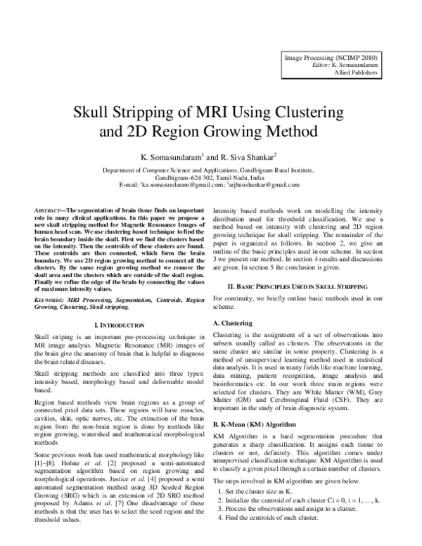 (PDF) Skull Stripping of MRI Using Clustering and 2D Region Growing Method