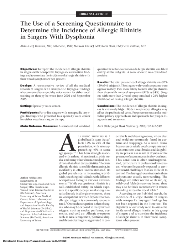 (PDF) The Use of a Screening Questionnaire to Determine the Incidence ...