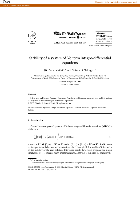 (PDF) Stability of a system of Volterra integro-differential equations