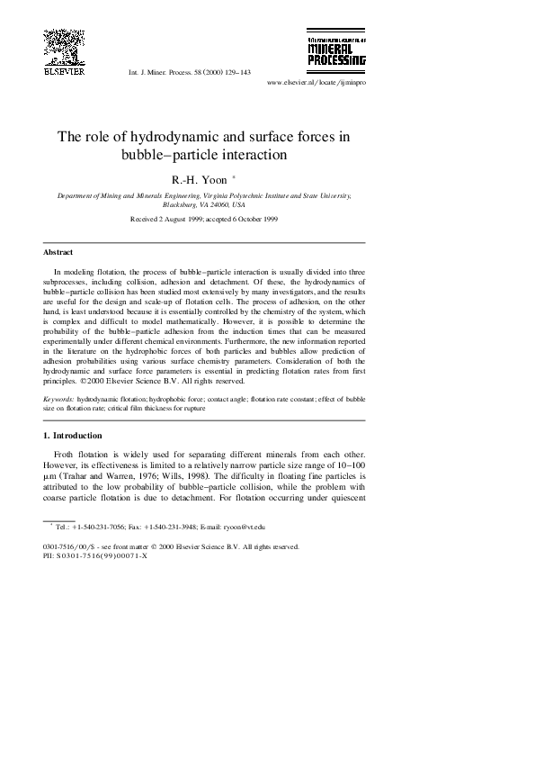 (PDF) The role of hydrodynamic and surface forces in bubble–particle interaction