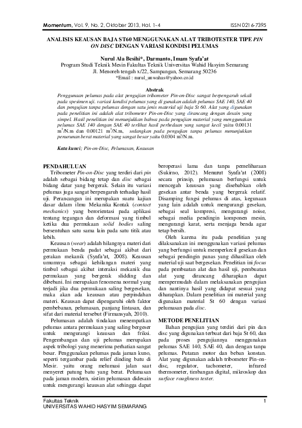 (PDF) Analisis Keausan Baja ST60 Menggunakan Alat Tribotester Tipe Pin ...
