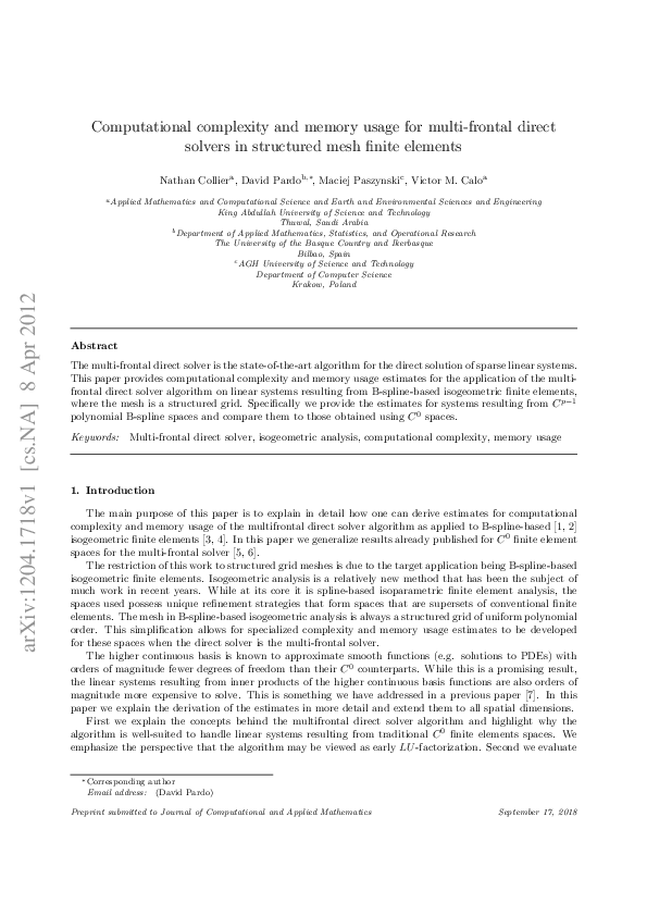 Pdf Computational Complexity And Memory Usage For Multi Frontal