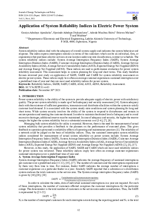 (PDF) Application of System Reliability Indices in Electric Power System