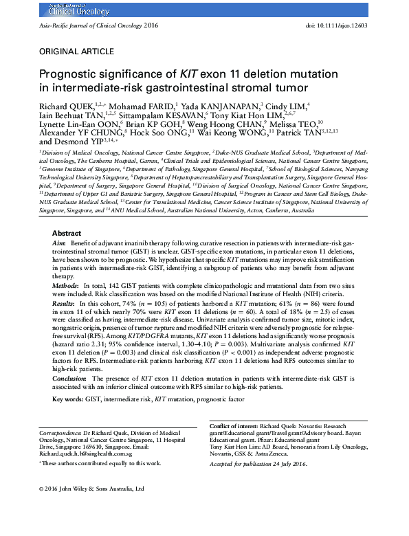 (PDF) Prognostic significance of KIT exon 11 deletion mutation in ...