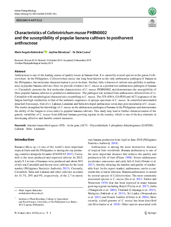 (PDF) Characteristics of Colletotrichum musae PHBN0002 and the ...