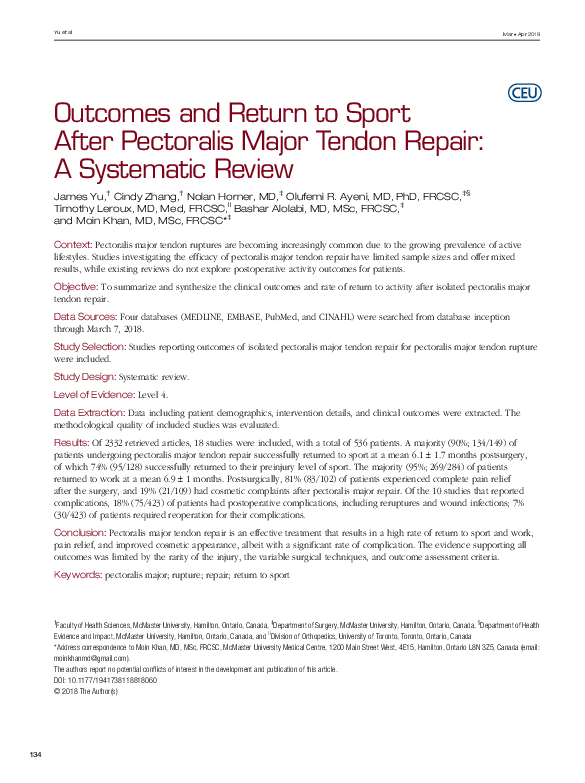 (PDF) Outcomes and Return to Sport After Pectoralis Major Tendon Repair ...