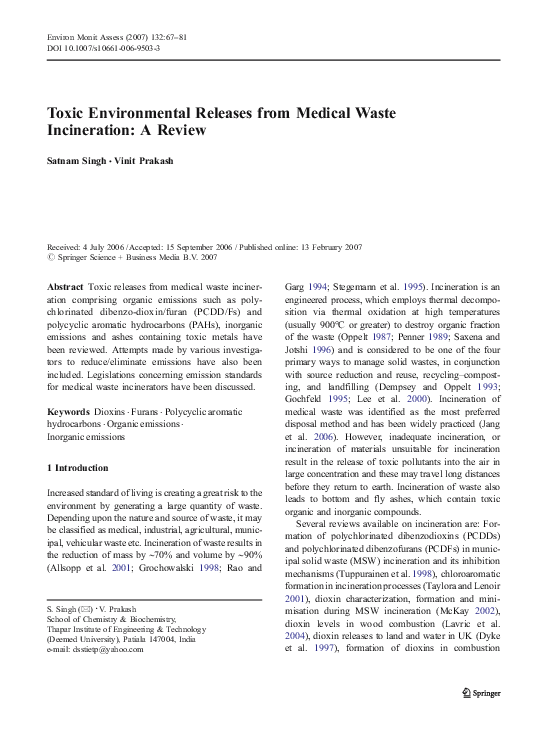 (PDF) Toxic Environmental Releases from Medical Waste Incineration: A ...