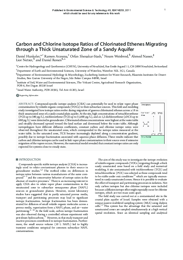 (PDF) Isotope Ratios of Chlorinated Ethenes in Aquifer