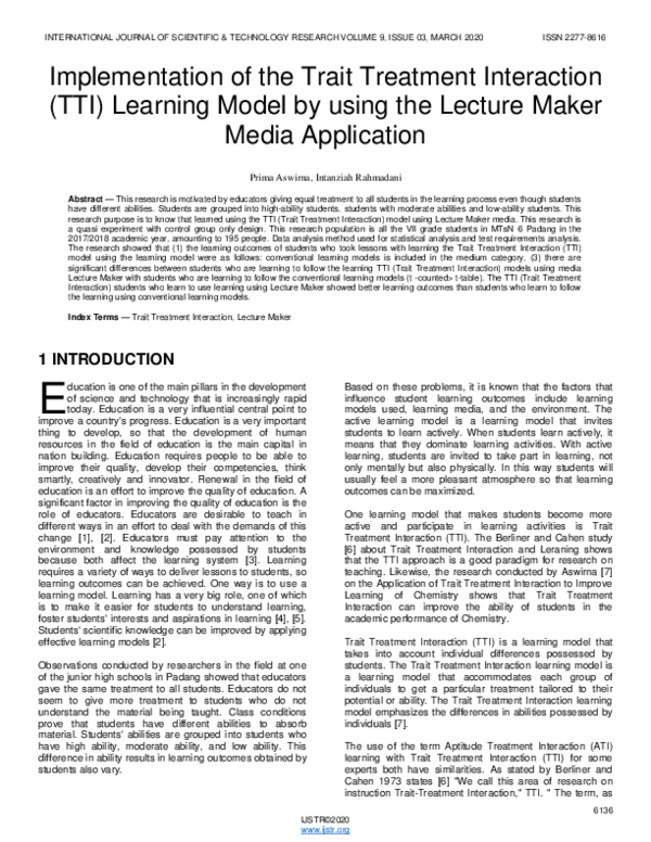 (PDF) Implementation of the Trait Treatment Interaction (TTI) Learning Model by using the ...