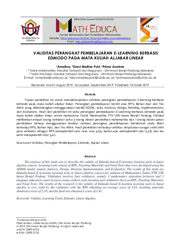 (PDF) Validitas Perangkat Pembelajaran E-Learning Berbasis Edmodo Pada Mata Kuliah Aljabar Linear