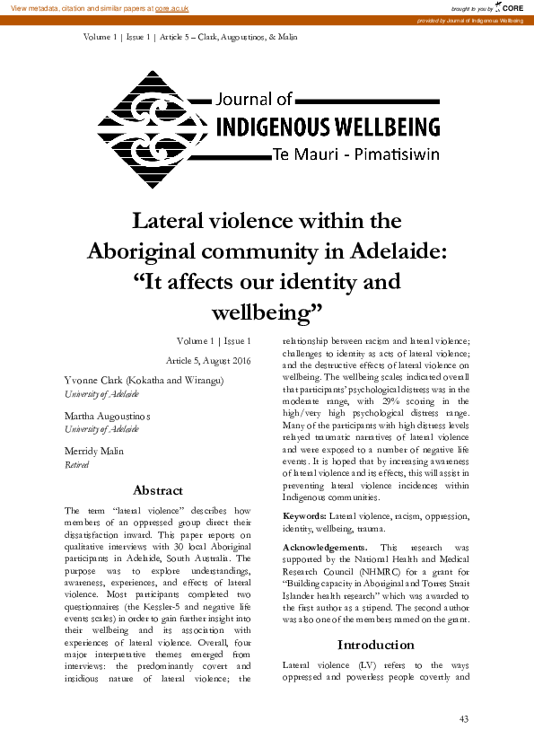(PDF) Lateral violence within the Aboriginal community in Adelaide: “It ...