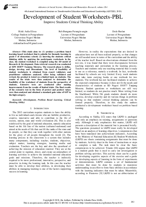(PDF) Development of Student Worksheets-PBL Improve Students Critical ...