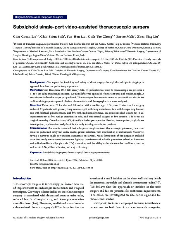 (PDF) Subxiphoid single-port video-assisted thoracoscopic surgery