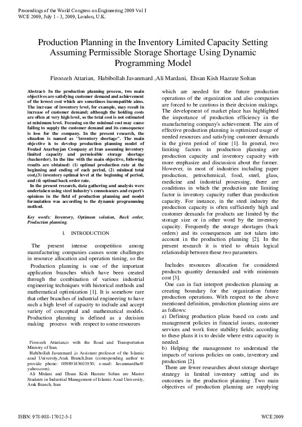 (PDF) Production Planning in the Inventory Limited Capacity Setting ...