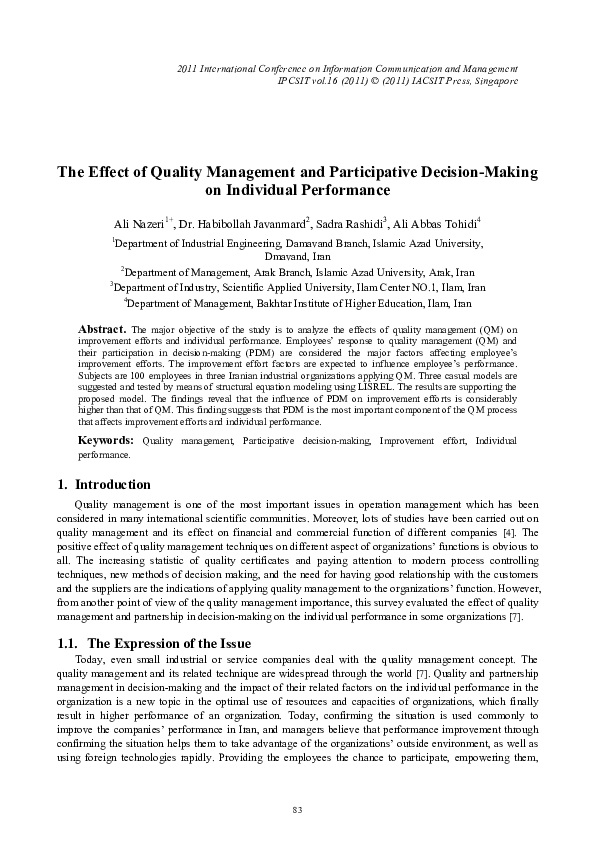 (PDF) The Effect of Quality Management and Participative Decision-Making on Individual Performance