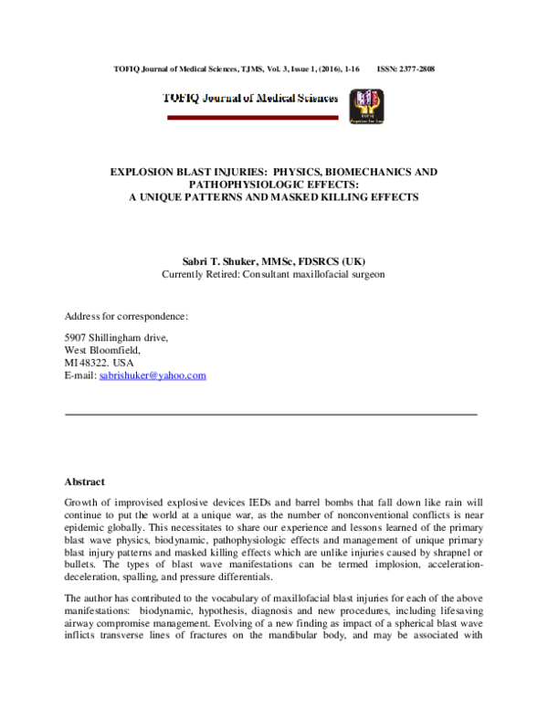 (PDF) Explosion Blast Injuries: Physics, Biomechanics and ...