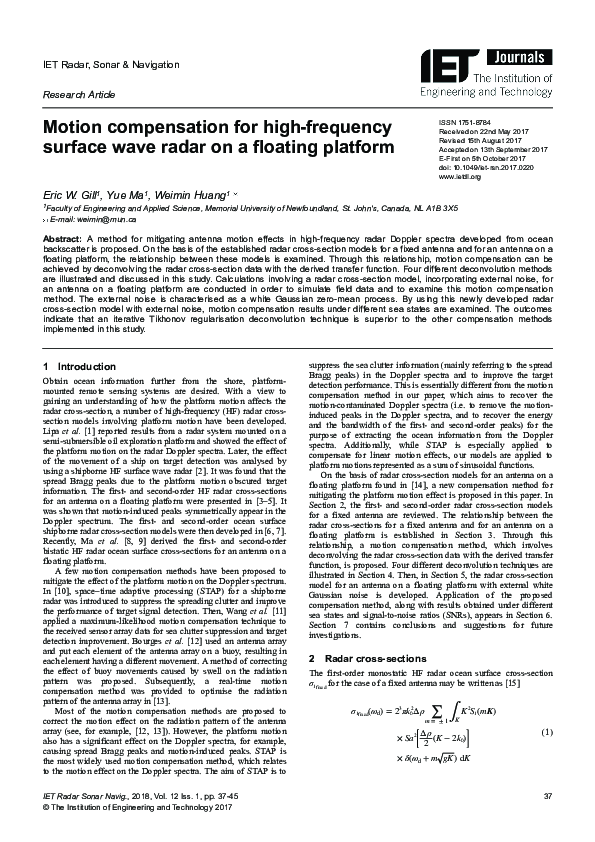 (PDF) Motion Compensation for High Frequency Surface Wave Radar on a ...