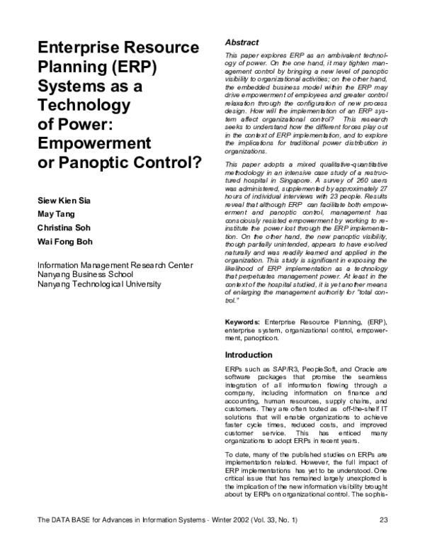 (PDF) Enterprise resource planning (ERP) systems as a technology of power