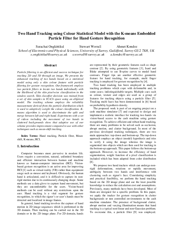 Pdf Two Hand Tracking Using Colour Statistical Model With The K Means Embedded Particle Filter