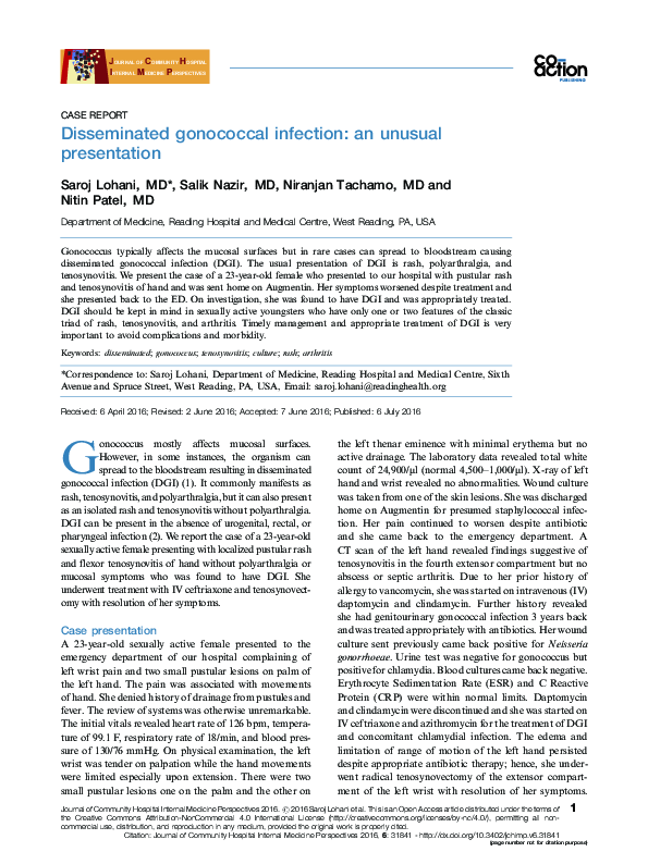 (PDF) Disseminated gonococcal infection: an unusual presentation