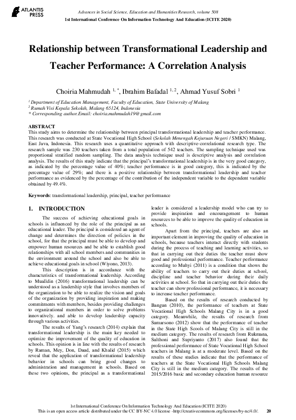 (PDF) Relationship between Transformational Leadership and Teacher Performance: A Correlation ...