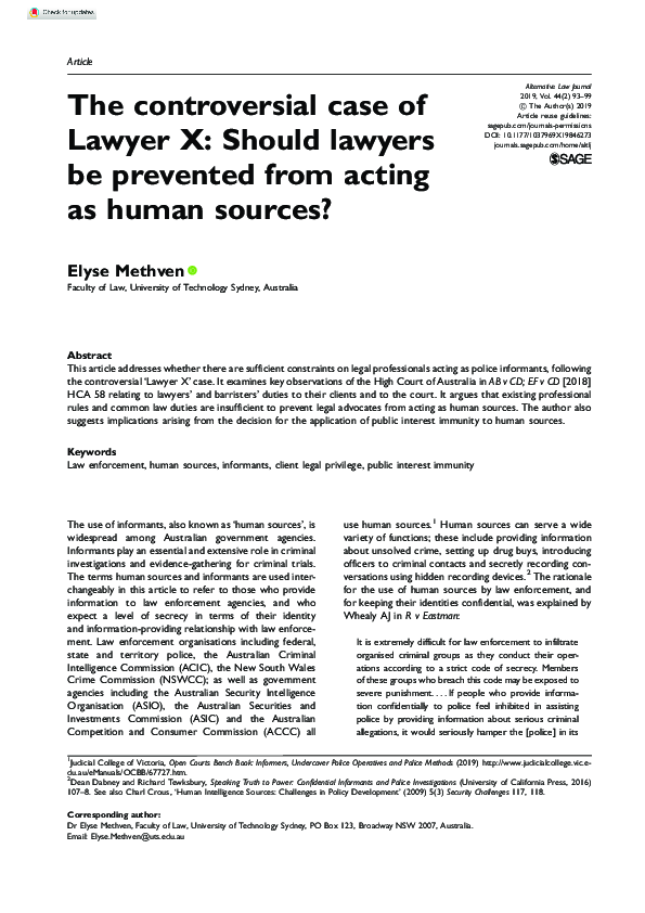 (PDF) The controversial case of Lawyer X: Should lawyers be prevented ...