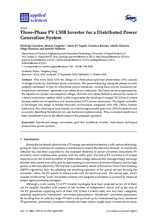 (PDF) Three-Phase PV CHB Inverter for a Distributed Power Generation System