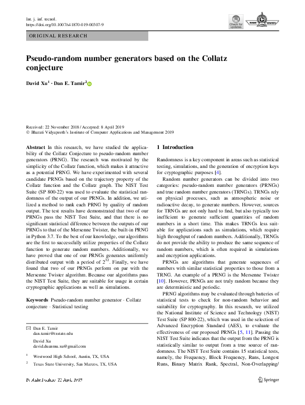 (PDF) Pseudo-random number generators based on the Collatz conjecture