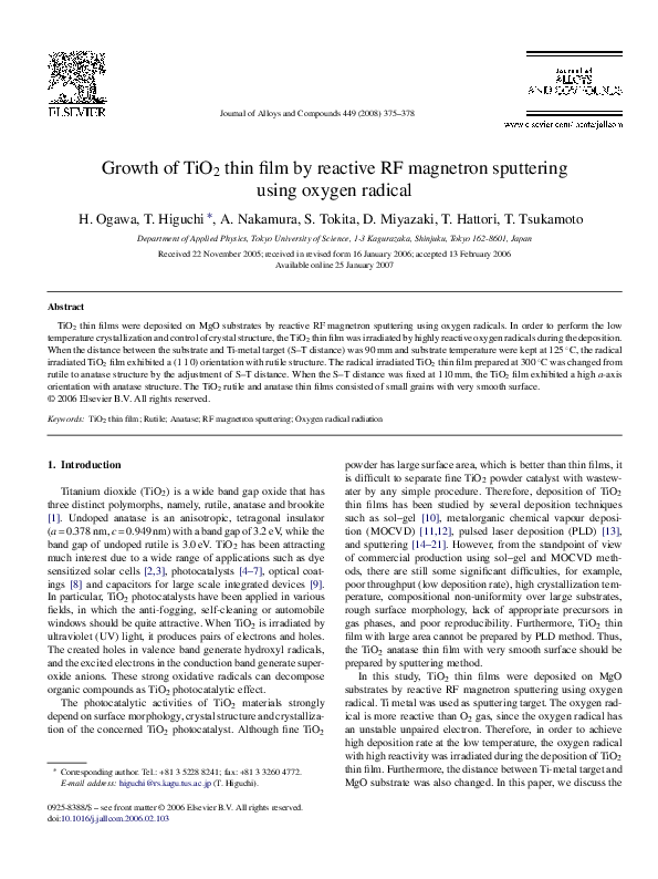 (PDF) Growth of TiO2 thin film by reactive RF magnetron sputtering ...