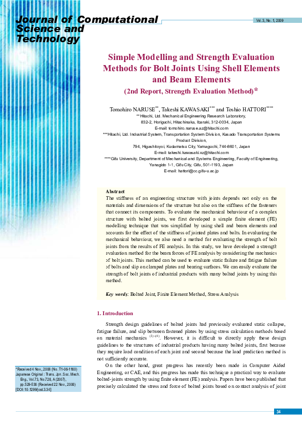 Pdf Simple Modelling And Strength Evaluation Methods For Bolt Joints Using Shell Elements And
