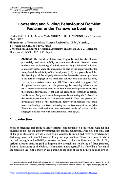 (PDF) Loosening and Sliding Behaviour of Bolt-Nut Fastener under ...