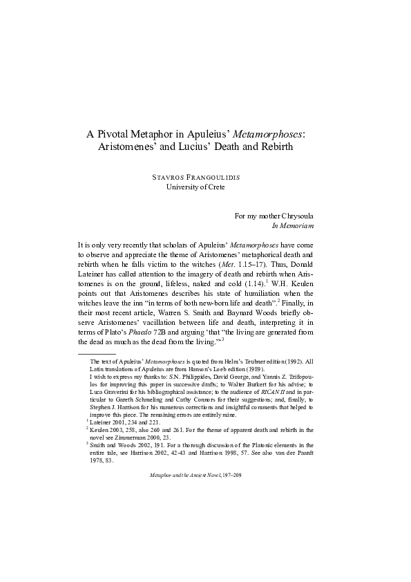 (PDF) A pivotal metaphor in Apuleius' Metamorphoses: Aristomenes' and ...