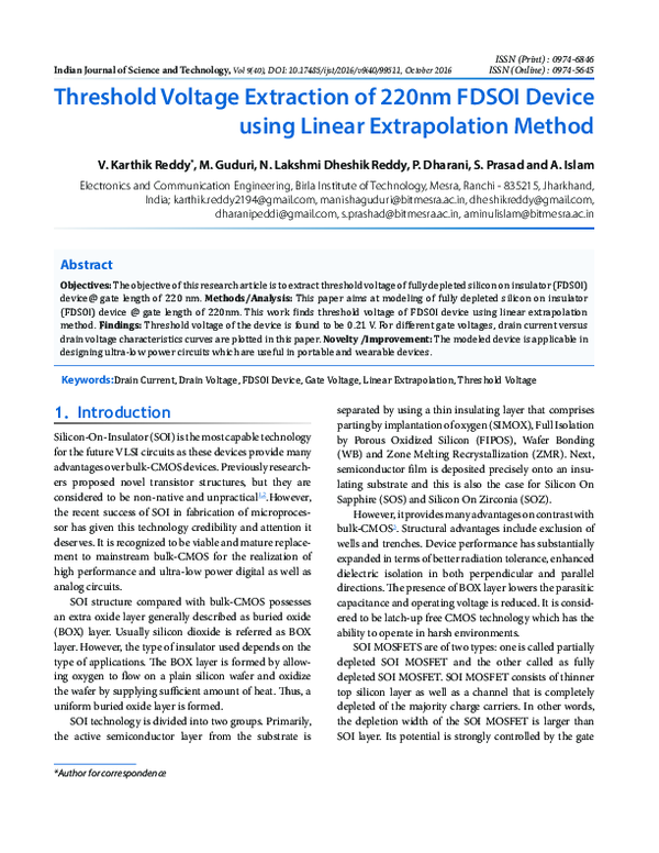 Pdf Threshold Voltage Extraction Of 220nm Fdsoi Device Using Linear