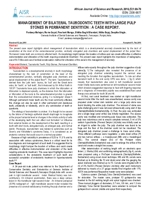 (PDF) Management of Bilateral Taurodontic Teeth with Large Pulp Stones ...