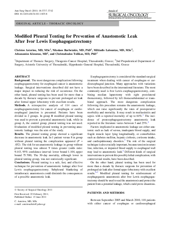 (PDF) Modified Pleural Tenting for Prevention of Anastomotic Leak After ...