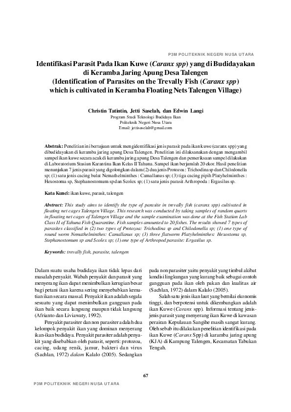 (PDF) Identifikasi Parasit Pada Ikan Kuwe (Caranx spp) yang di Budidayakan di Keramba Jaring ...