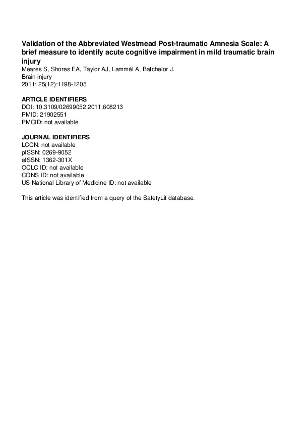 (PDF) Validation of the Abbreviated Westmead Post-traumatic Amnesia ...