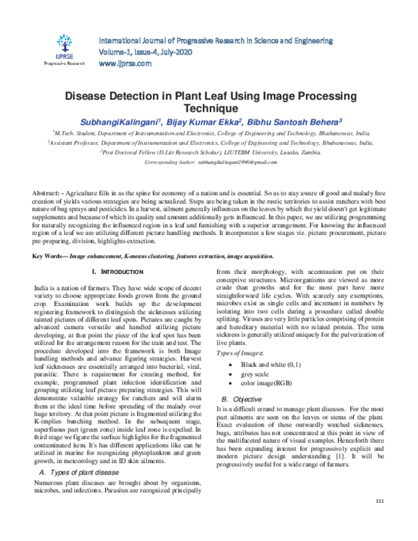 (PDF) Disease Detection in Plant Leaf Using Image Processing Technique