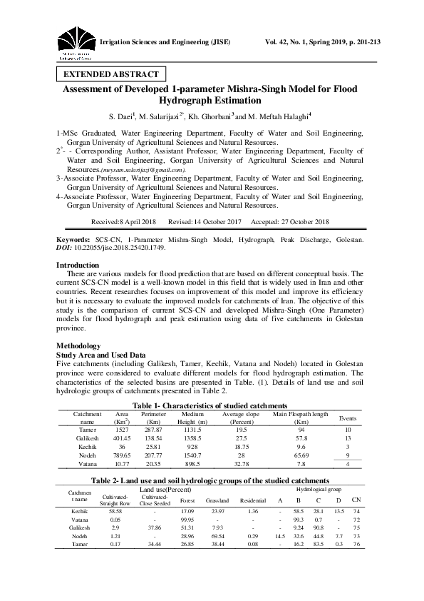 (PDF) Assessment of Developed 1-parameter Mishra-Singh Model for Flood Hydrograph Estimation