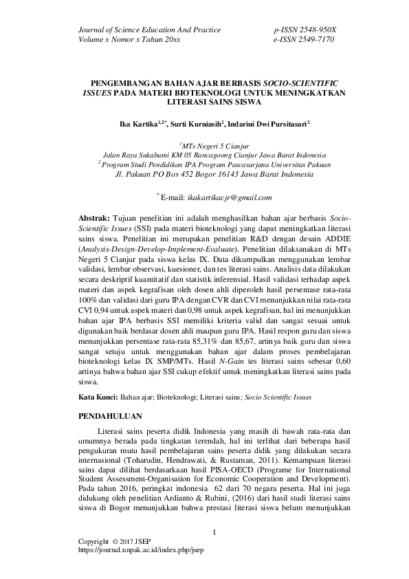 (PDF) Pengembangan Bahan Ajar Berbasis Socio-Scientific Issues Pada Materi Bioteknologi Untuk ...